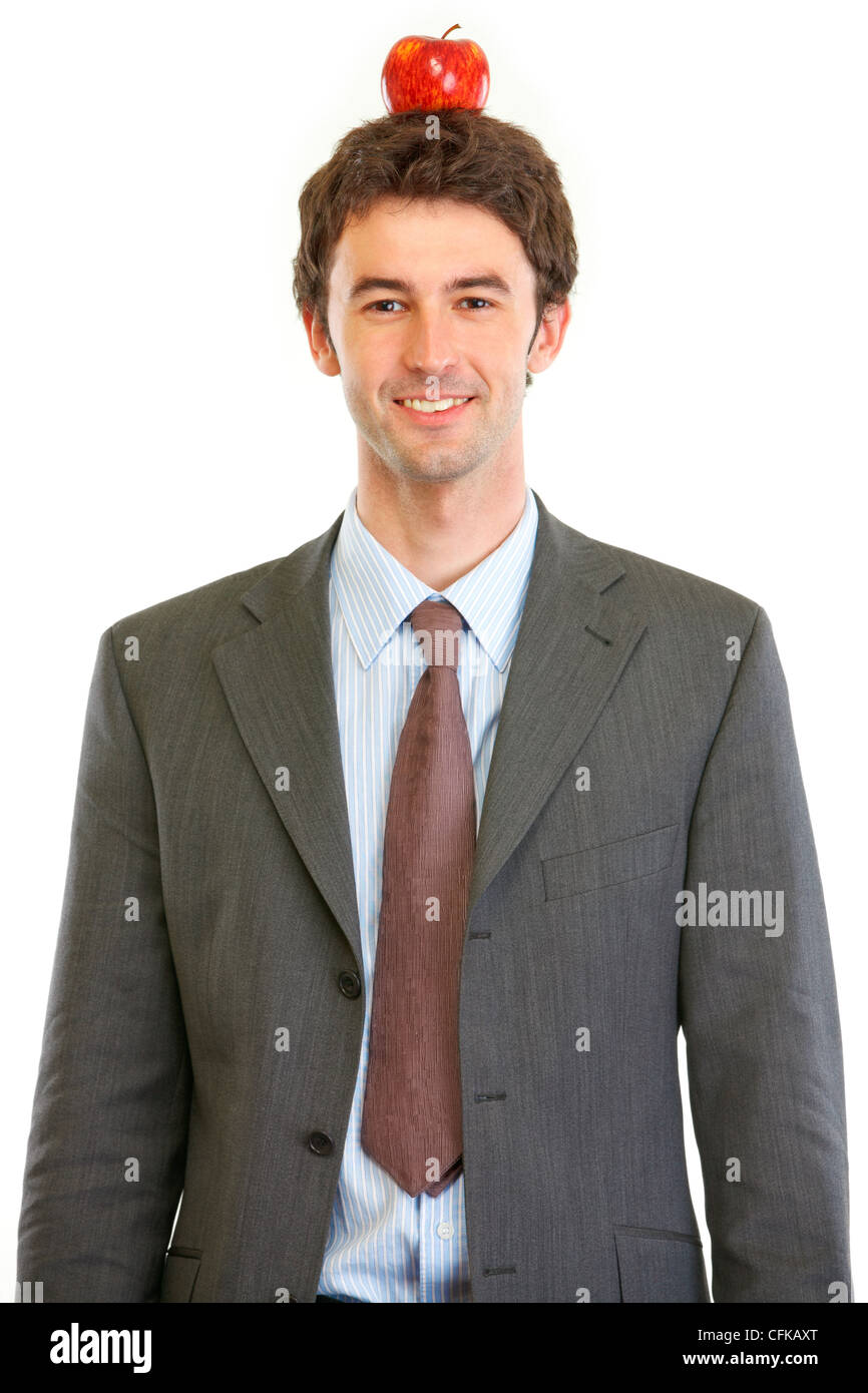 Modern businessman with apple on head isolated on white Stock Photo - Alamy