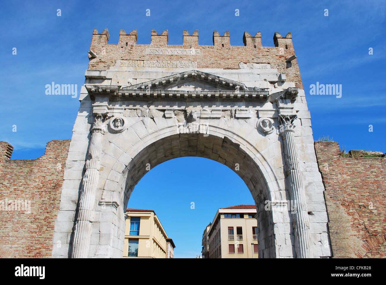 Augustus' triumph arch detail, historical famous roman landmark, Rimini ...