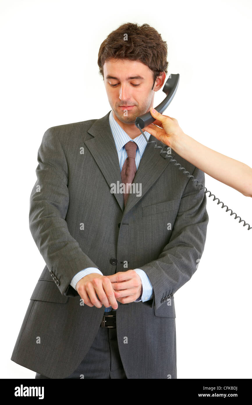 Boss straightens cuffs while secretary holding phone isolated on white ...