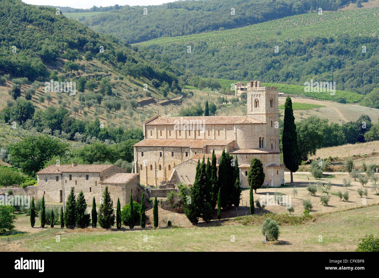 Sant’Antimo. Tuscany. Italy. Panoramic view of the 12th century abbey ...