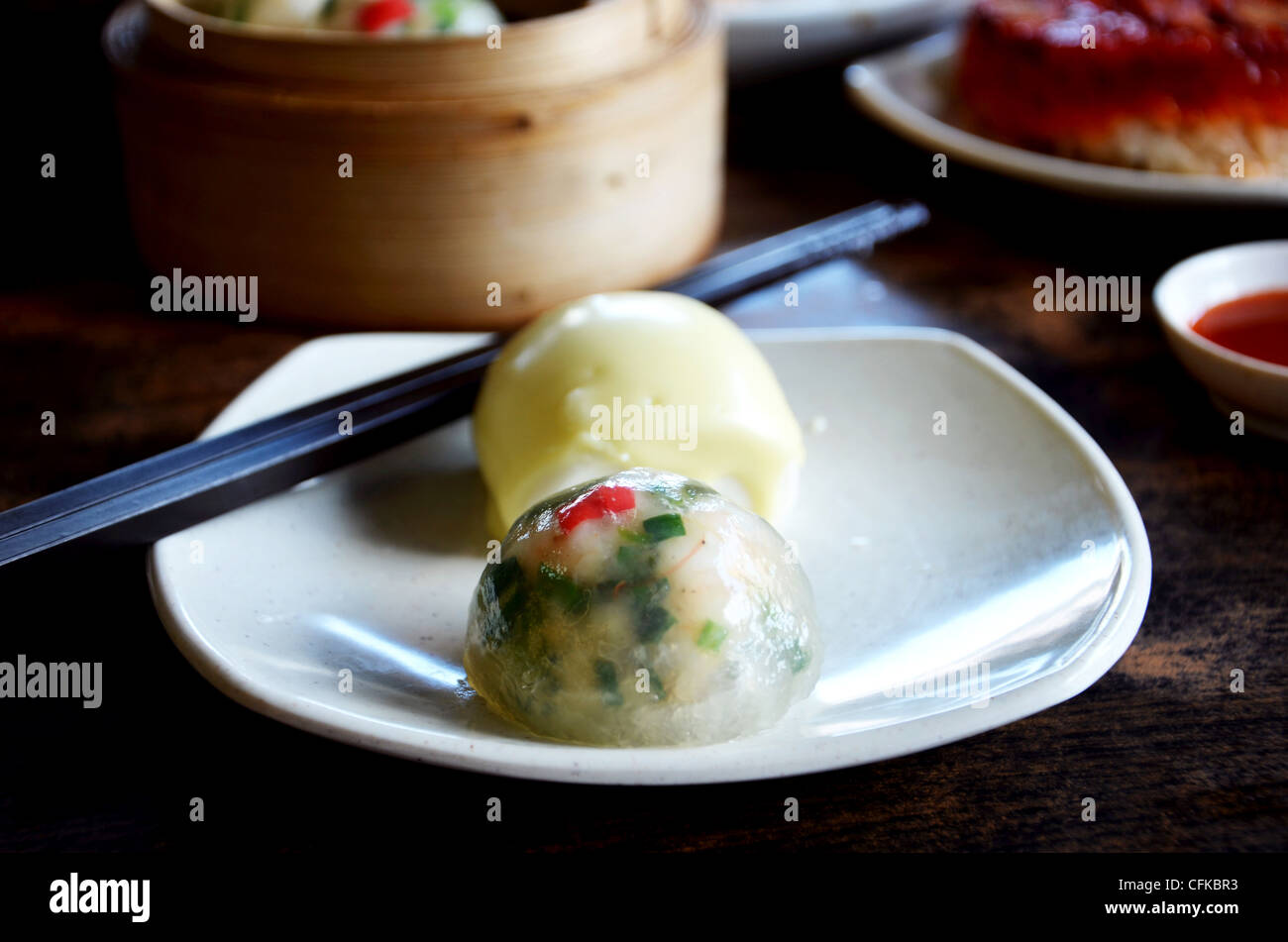 crystal chives dumpling and mini buns on dish Stock Photo - Alamy