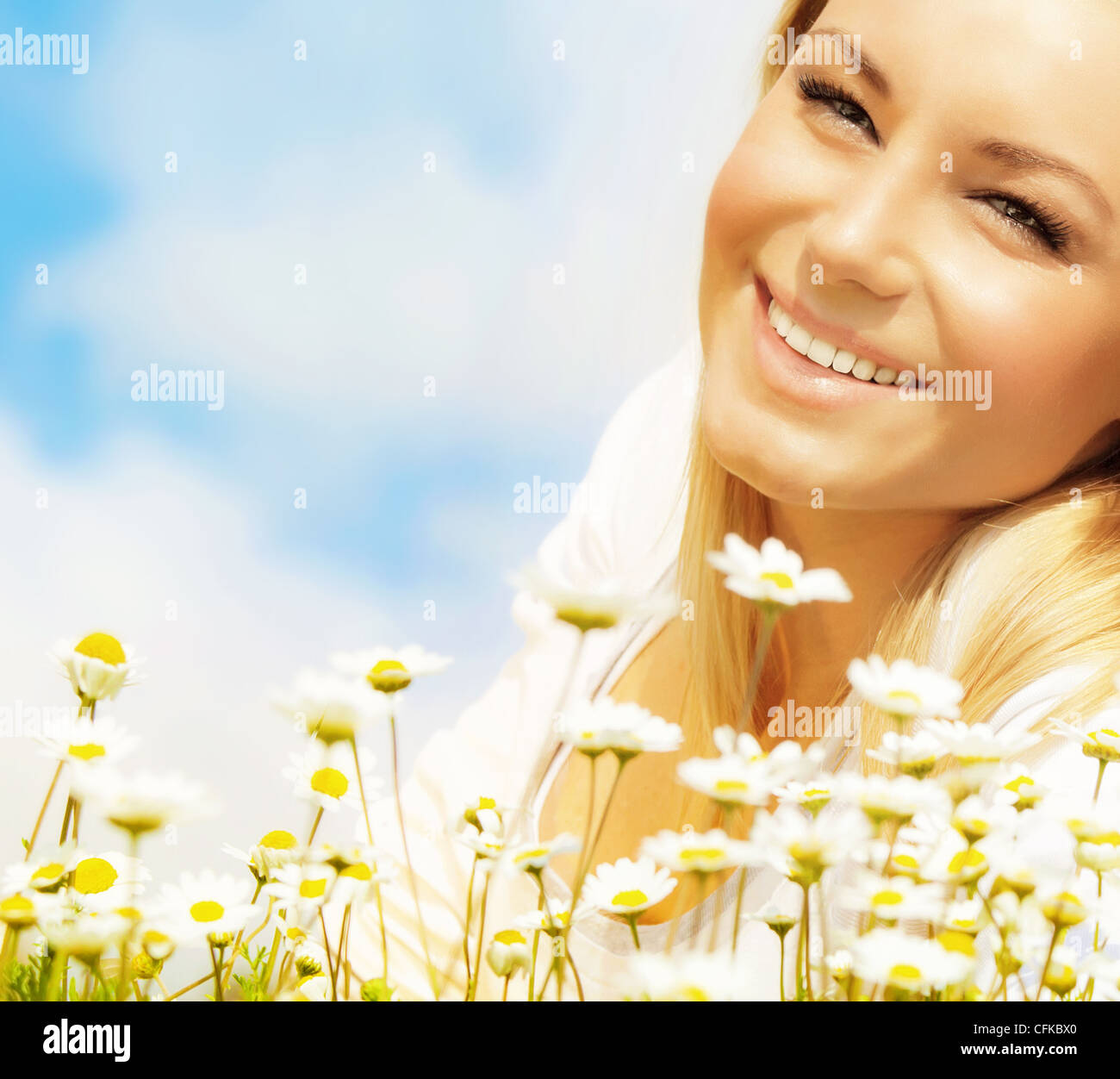 Beautiful Woman Enjoying Daisy Field And Blue Sky Nice Female Lying