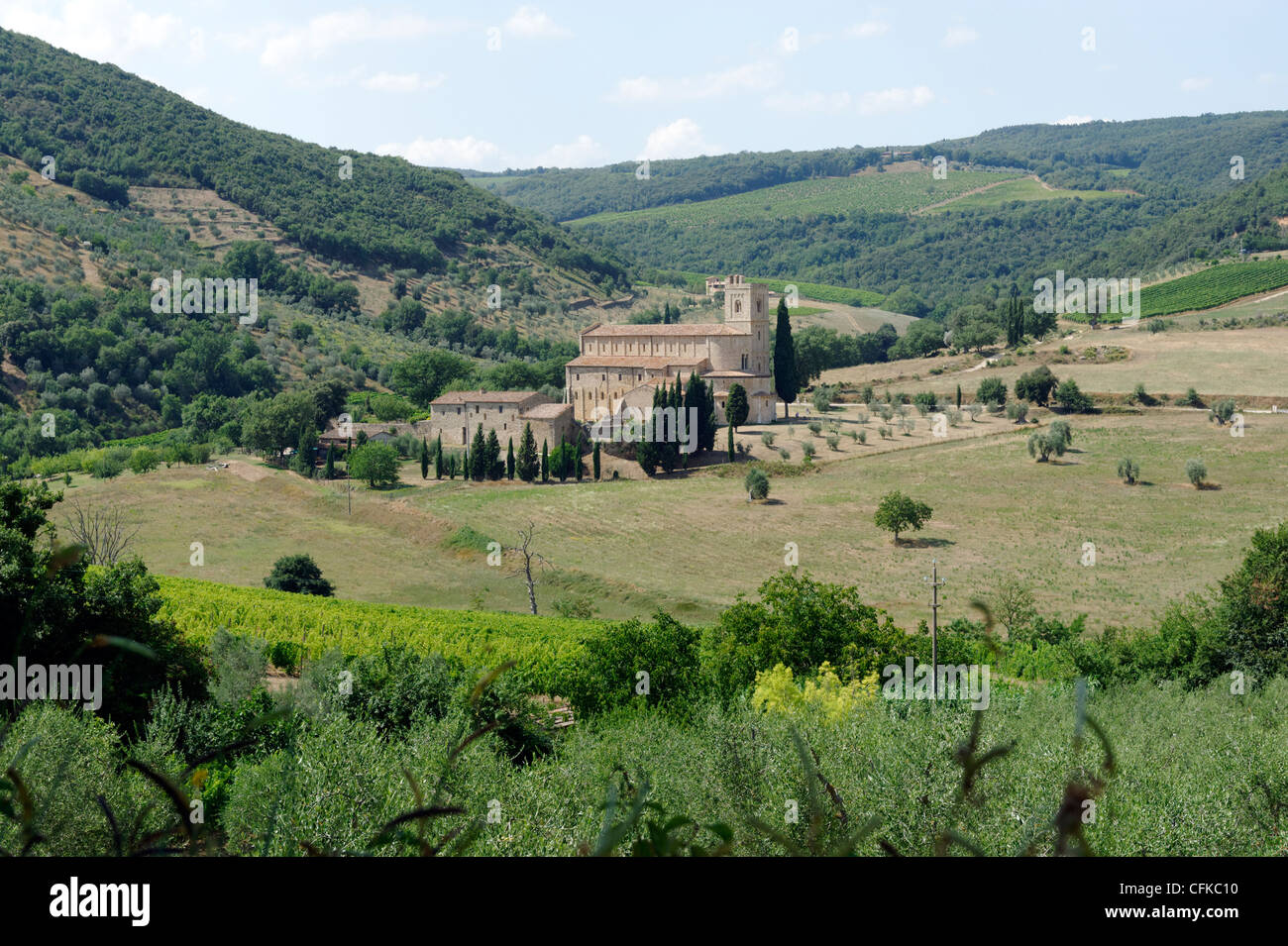 Sant’Antimo. Tuscany. Italy. Panoramic view of the 12th century abbey ...