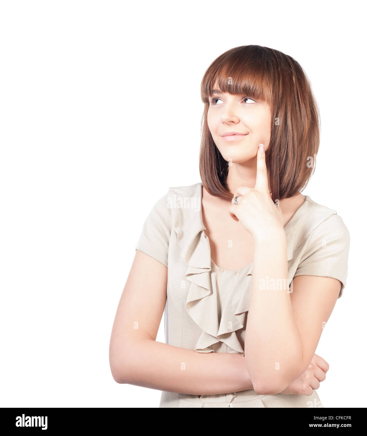 beautiful and happy young woman thinking. Hand at her cheek, smiling ...