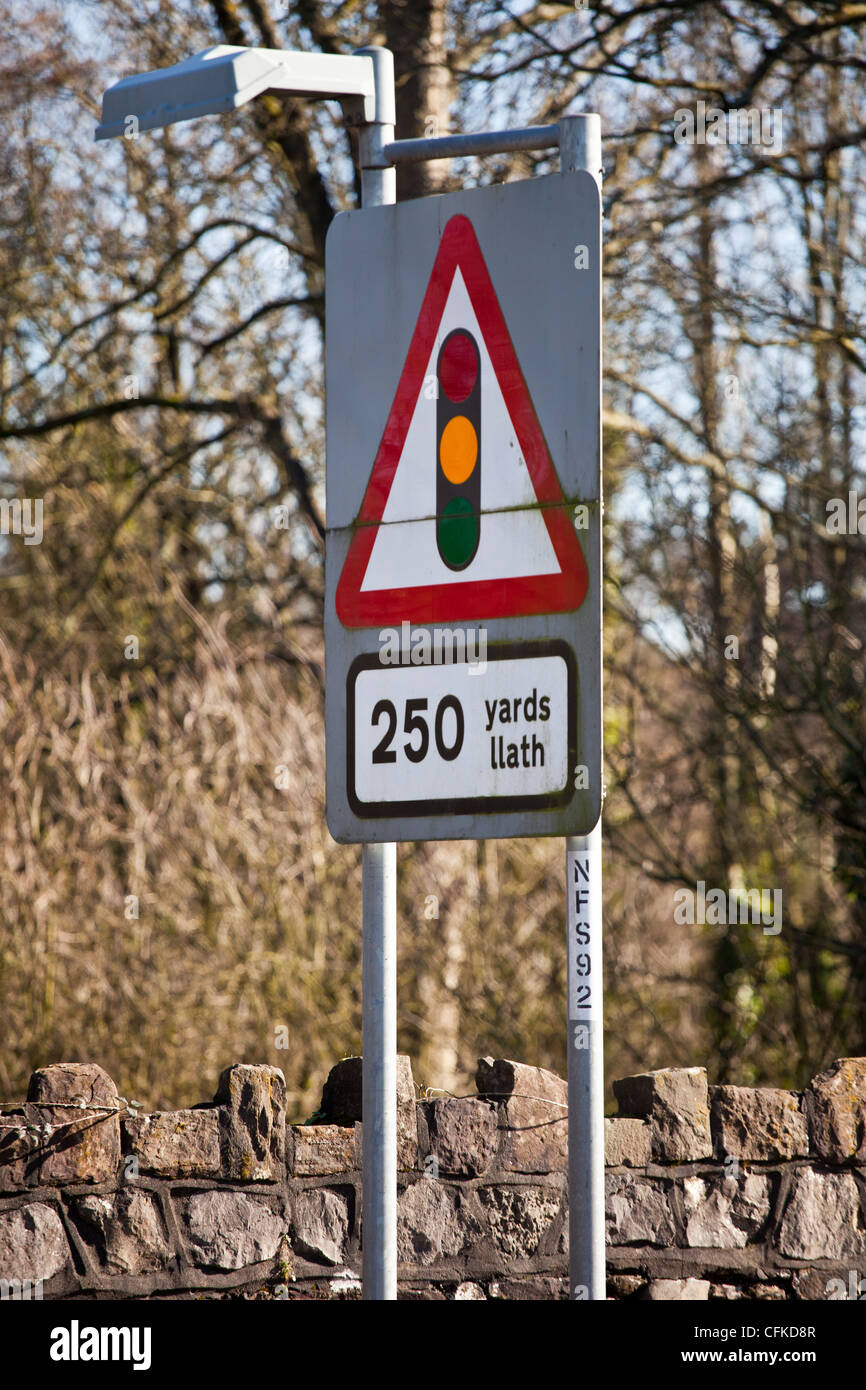 road traffic sign warning of traffic lights 250yds ahead Stock Photo ...