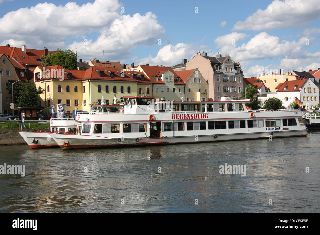 The Regensburg river cruise boat moored on the Danube River at ...