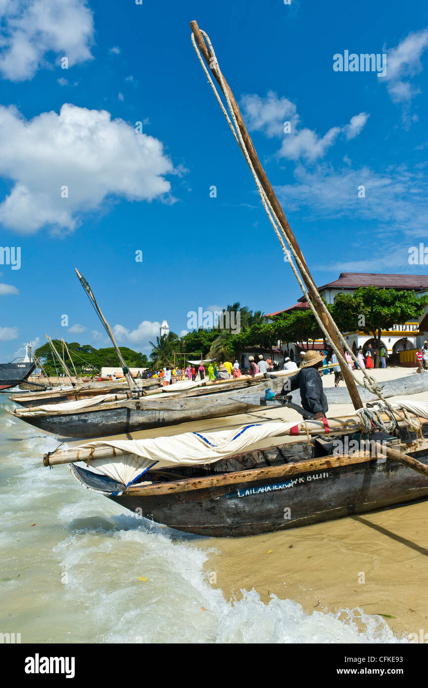Fishermen prepare their "Ngalawa" the traditional double-outrigger ...