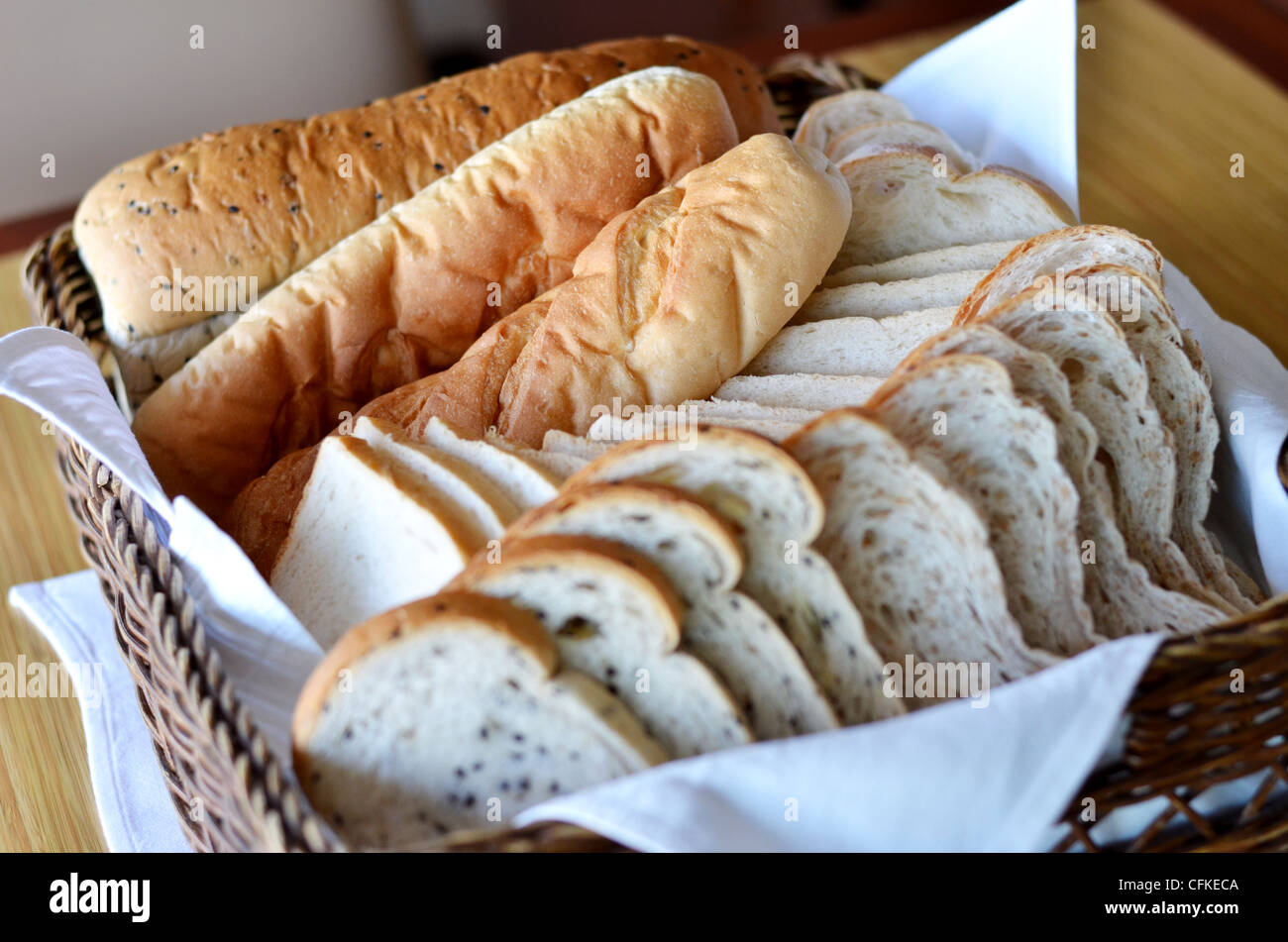 Arrangement of bread in basket on table Stock Photo - Alamy