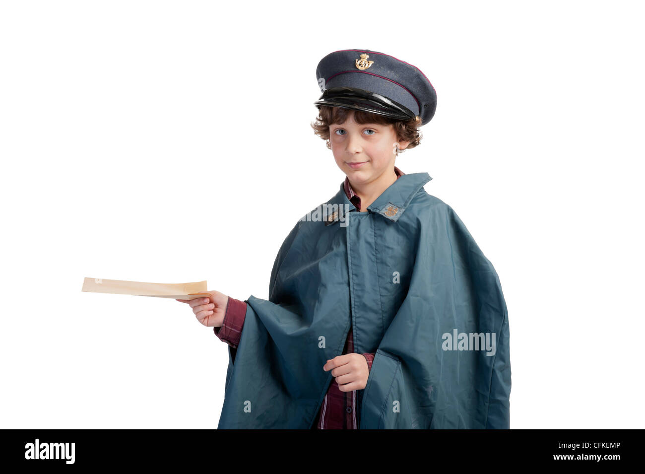 postman with letters and cap and rain coat on white background Stock ...