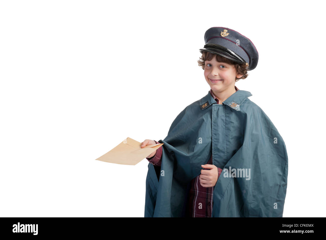 postman with letters and cap and rain coat on white background Stock ...