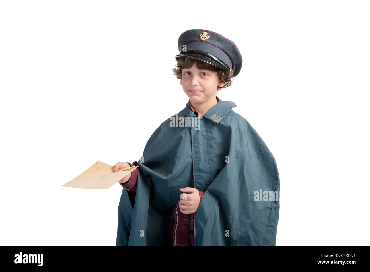 postman making an unhappy face with letters and cap and rain coat on ...