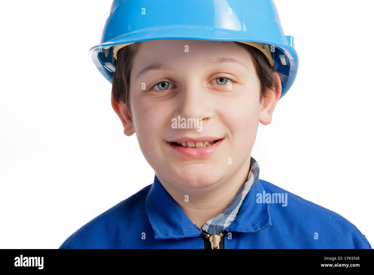 boy with coverall and protection helmet on white background Stock Photo ...