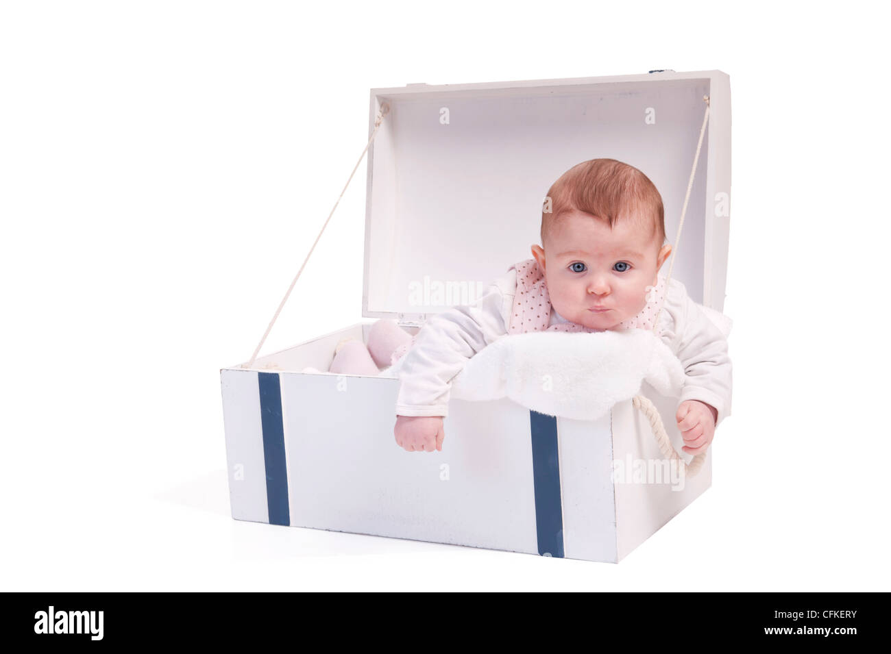 baby girl in box on white background Stock Photo - Alamy