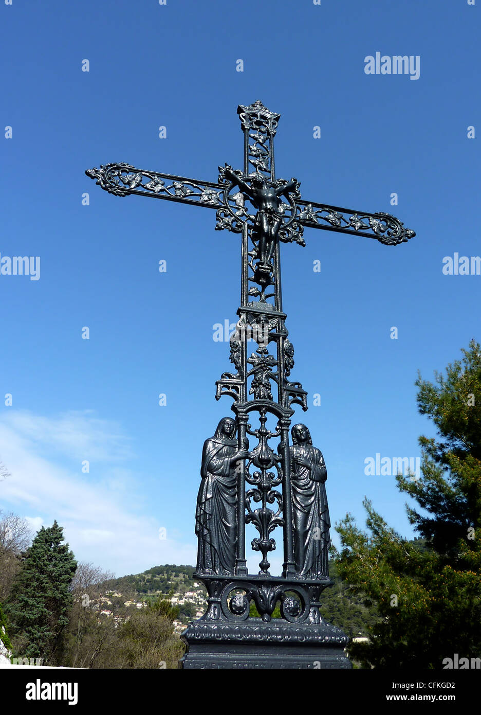 Beautiful black sculptured wayside cross in Eze village, south of ...