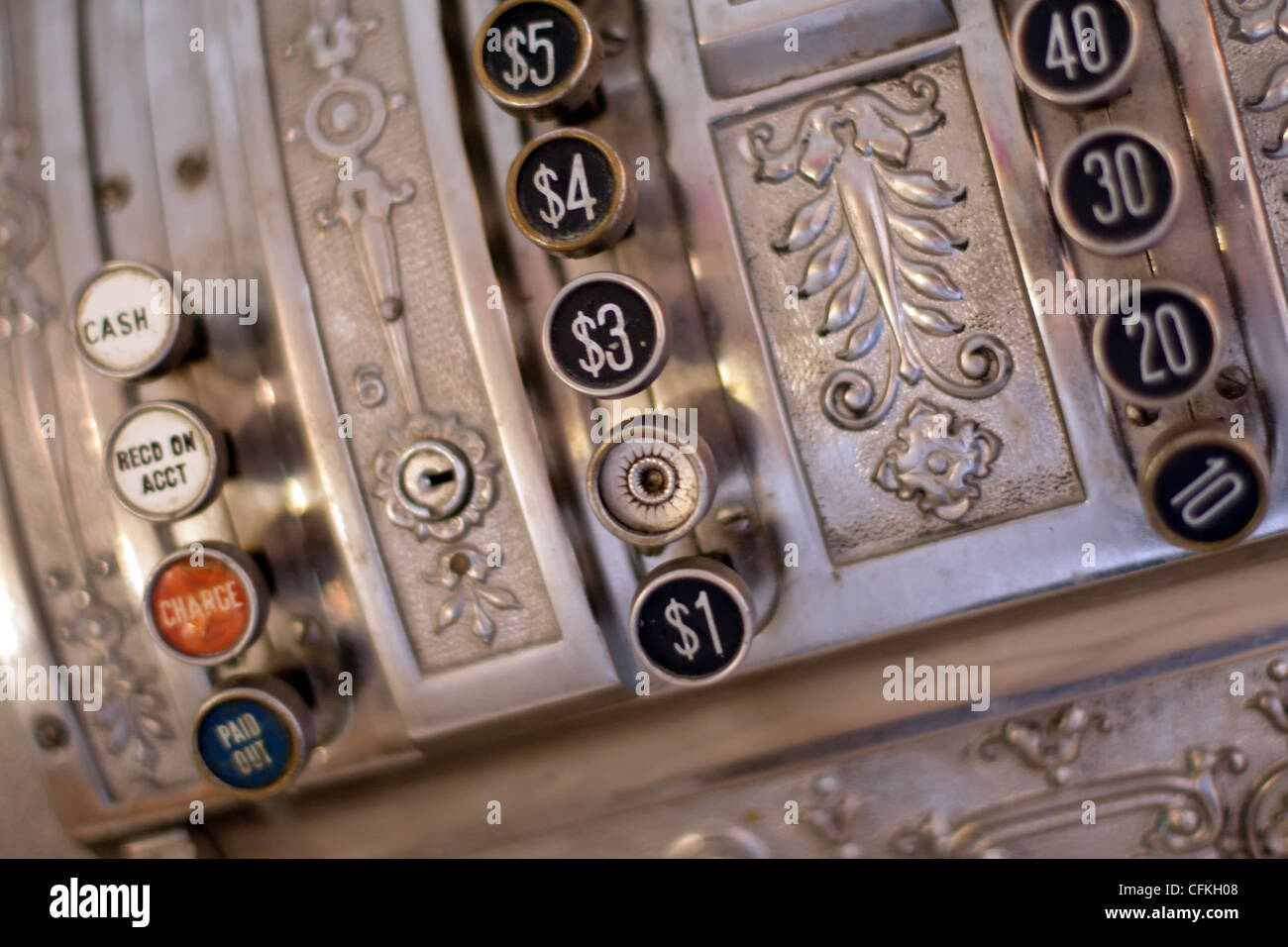 antique store silver cash register buttons close Stock Photo - Alamy