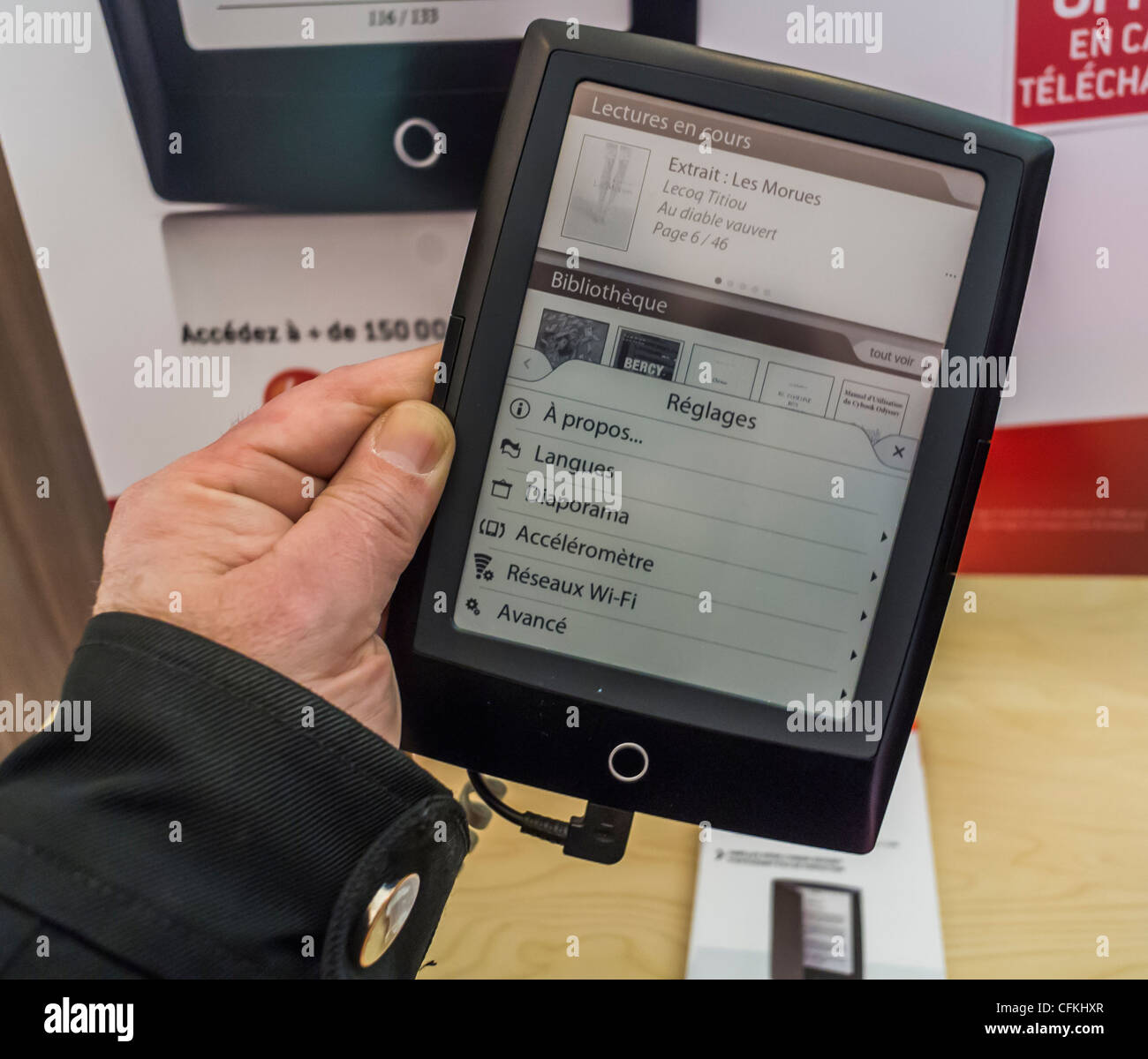 Paris, France,Detail, Hand Holding Electronic Book Tablet, "Virgin Mega ...