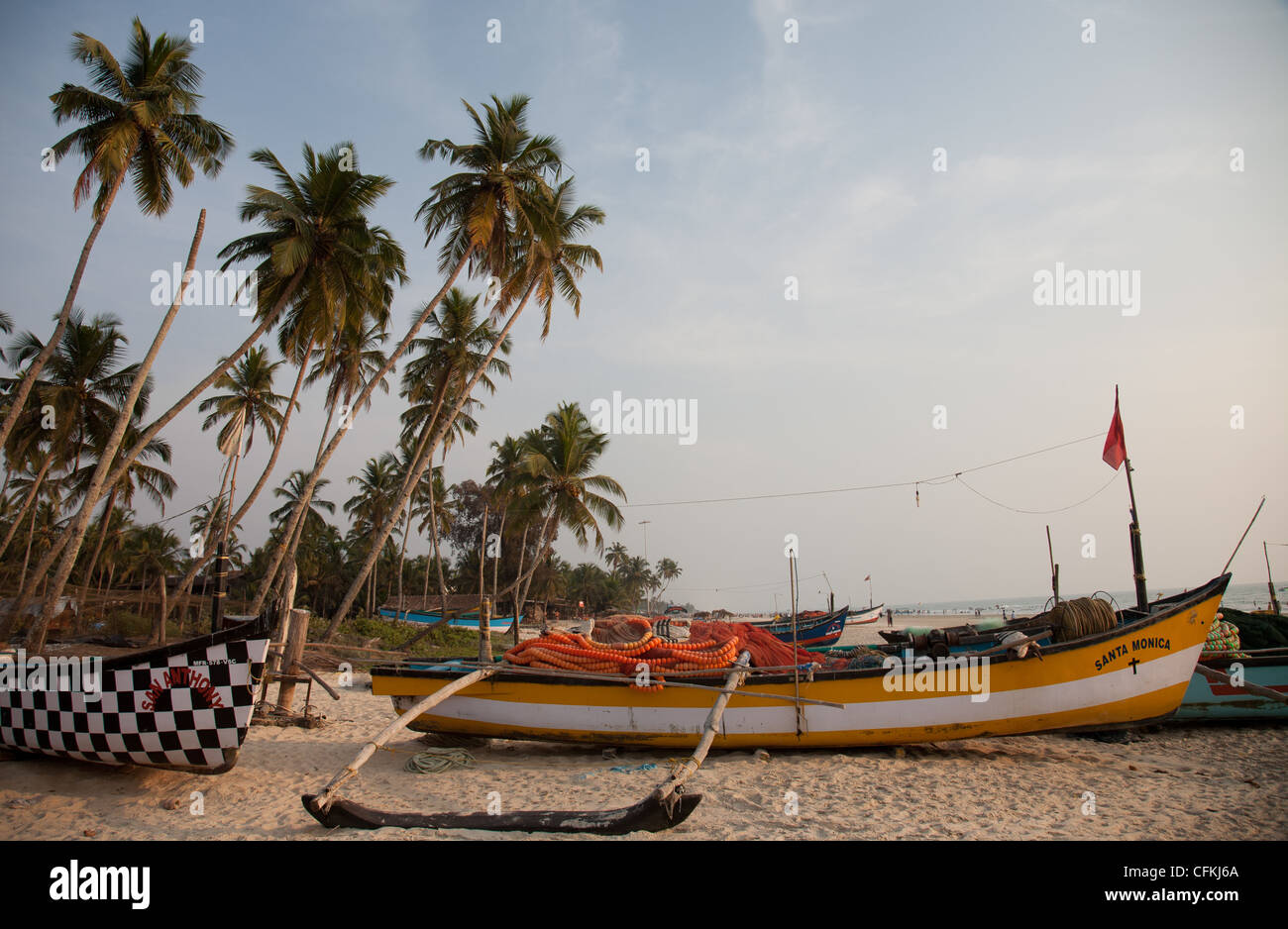 Palm trees and fishing boats on Colva Beach in India Stock Photo - Alamy