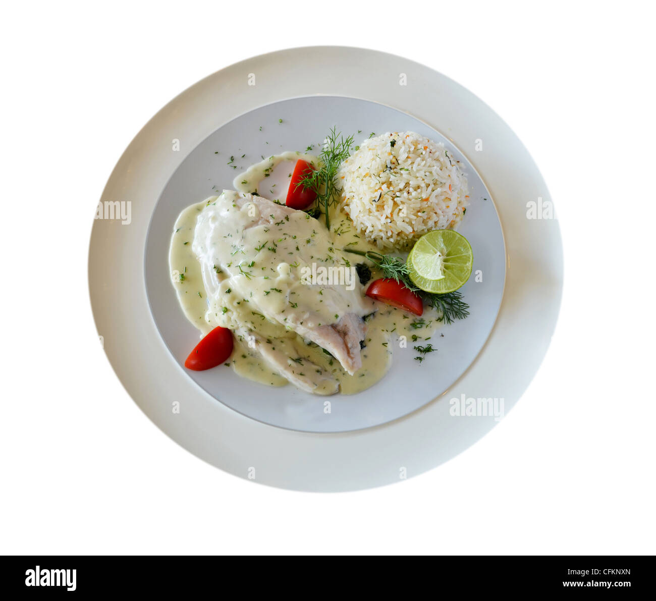 steak from fish with creamy sauce Stock Photo - Alamy