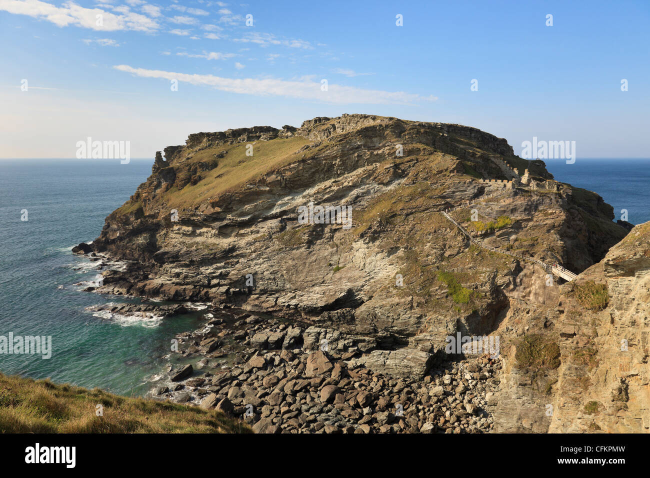 View to ruins of legendary Camelot Castle of King Arthur on rocky ...