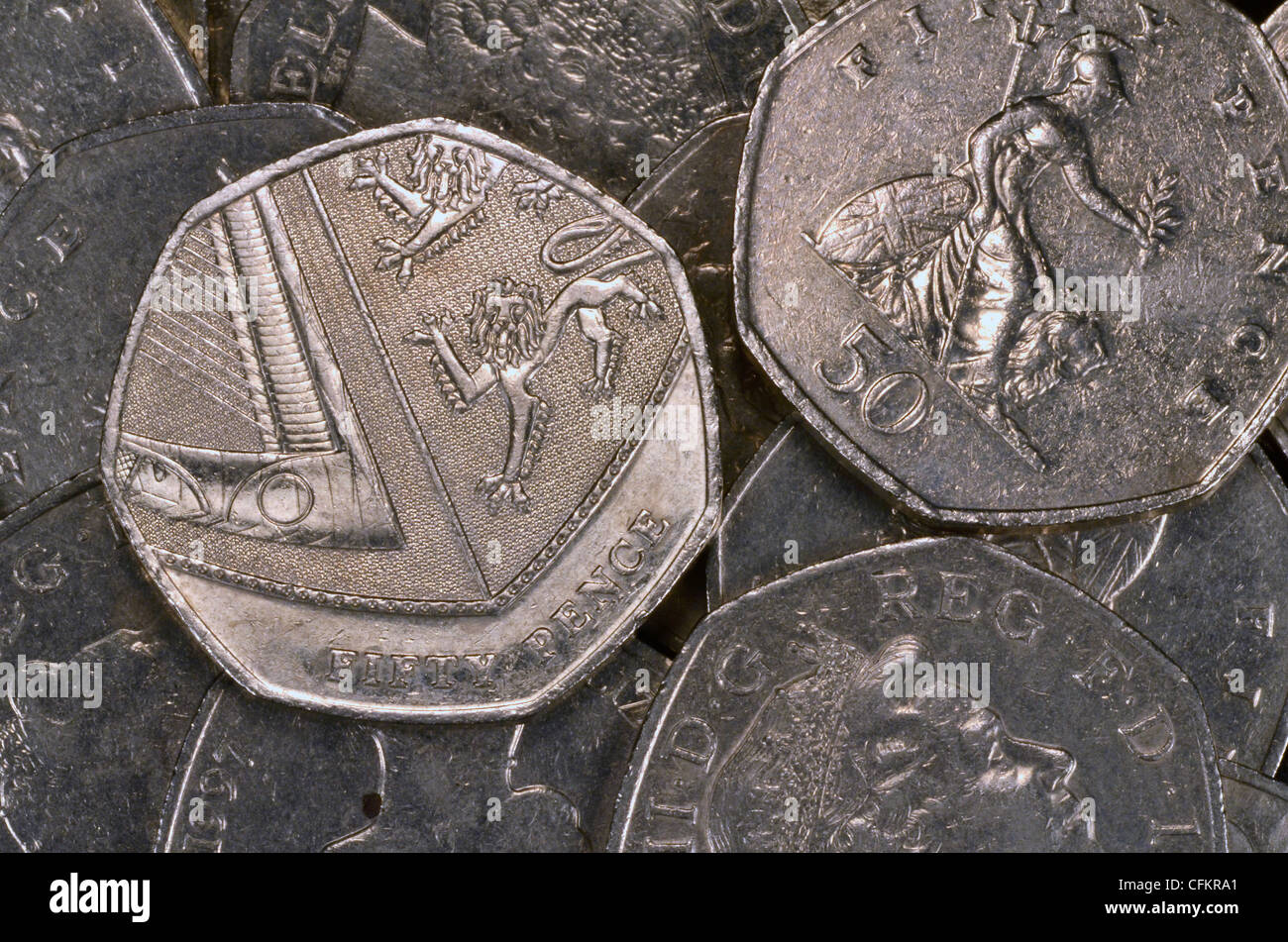 Close detail of UK fifty pence (50p) pieces Stock Photo - Alamy