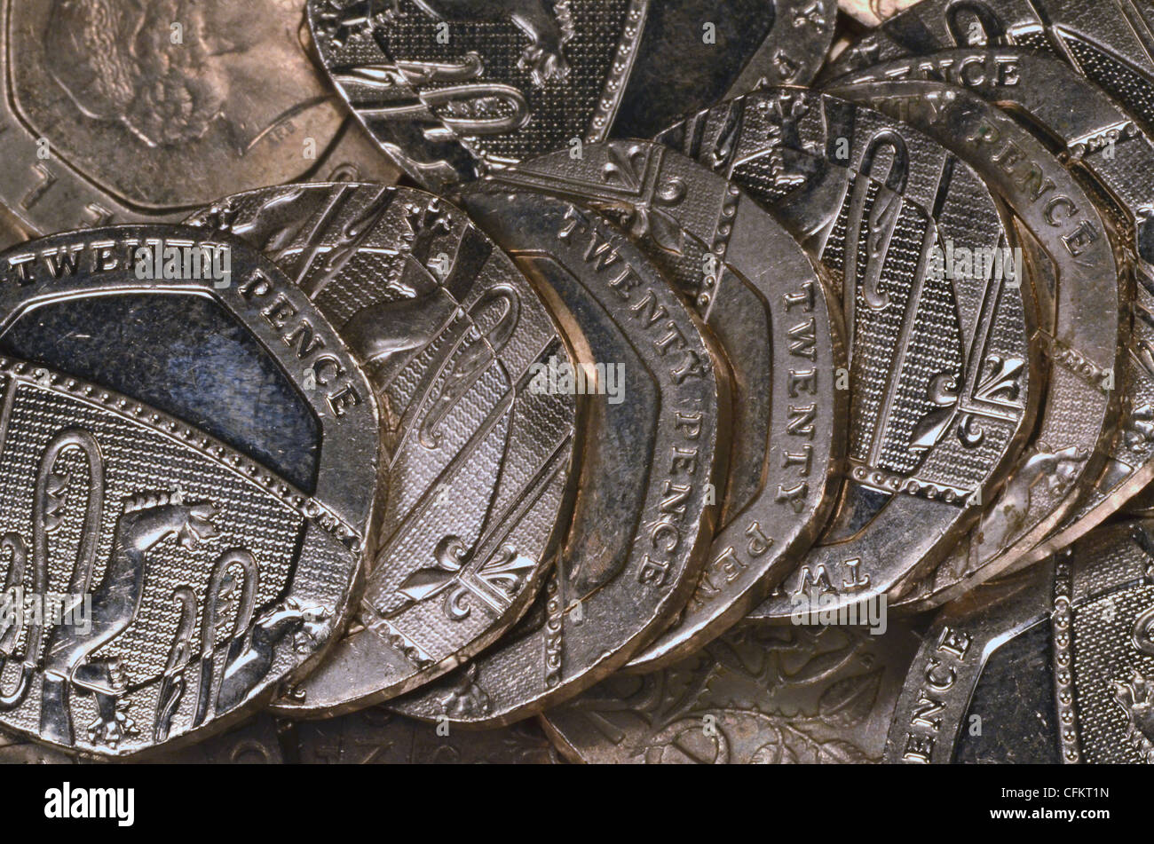 Close detail of UK twenty pence (20p) coins Stock Photo - Alamy