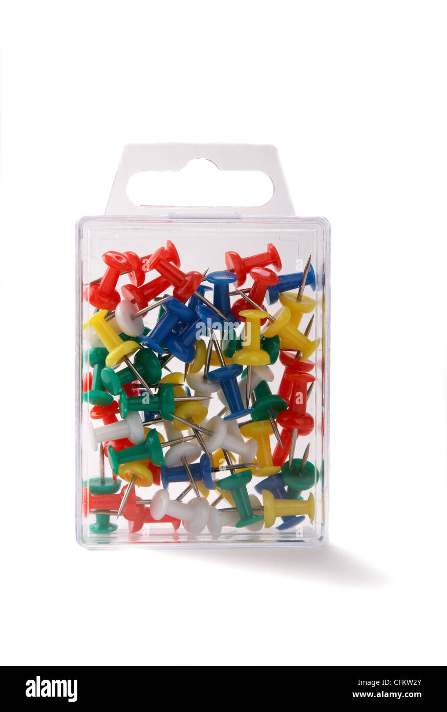 Plastic box with push pin on a white background Stock Photo - Alamy