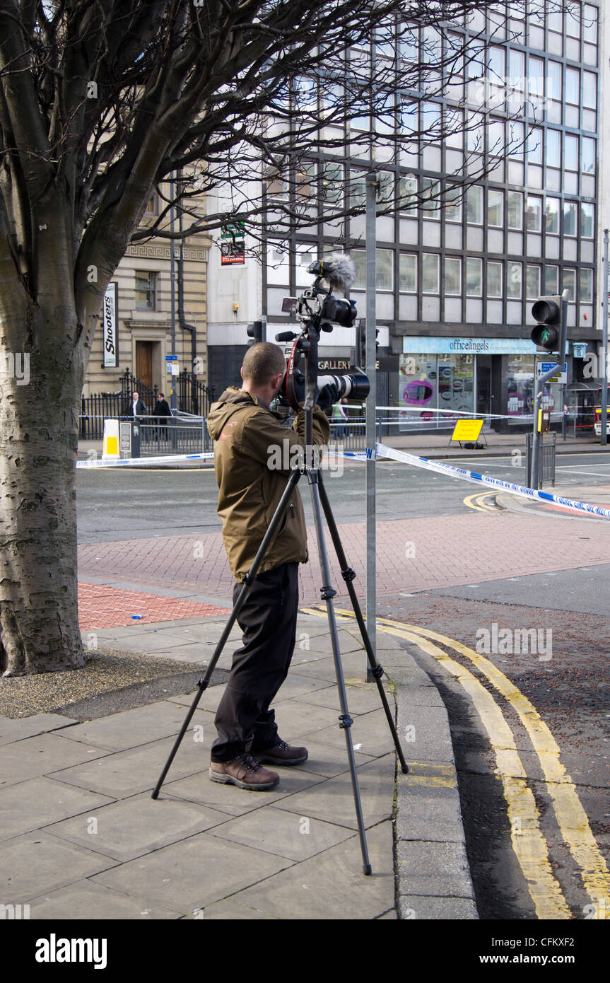 Disaster training exercise in Leeds city center, photographer with ...