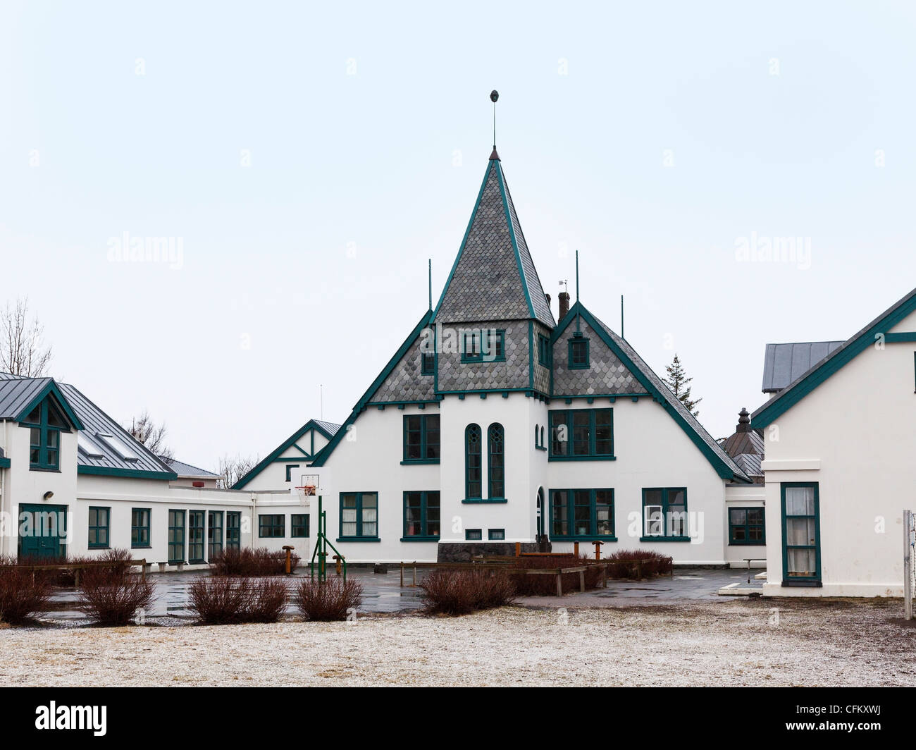 Typical local style school buildings near the Landakotskirkja Roman ...