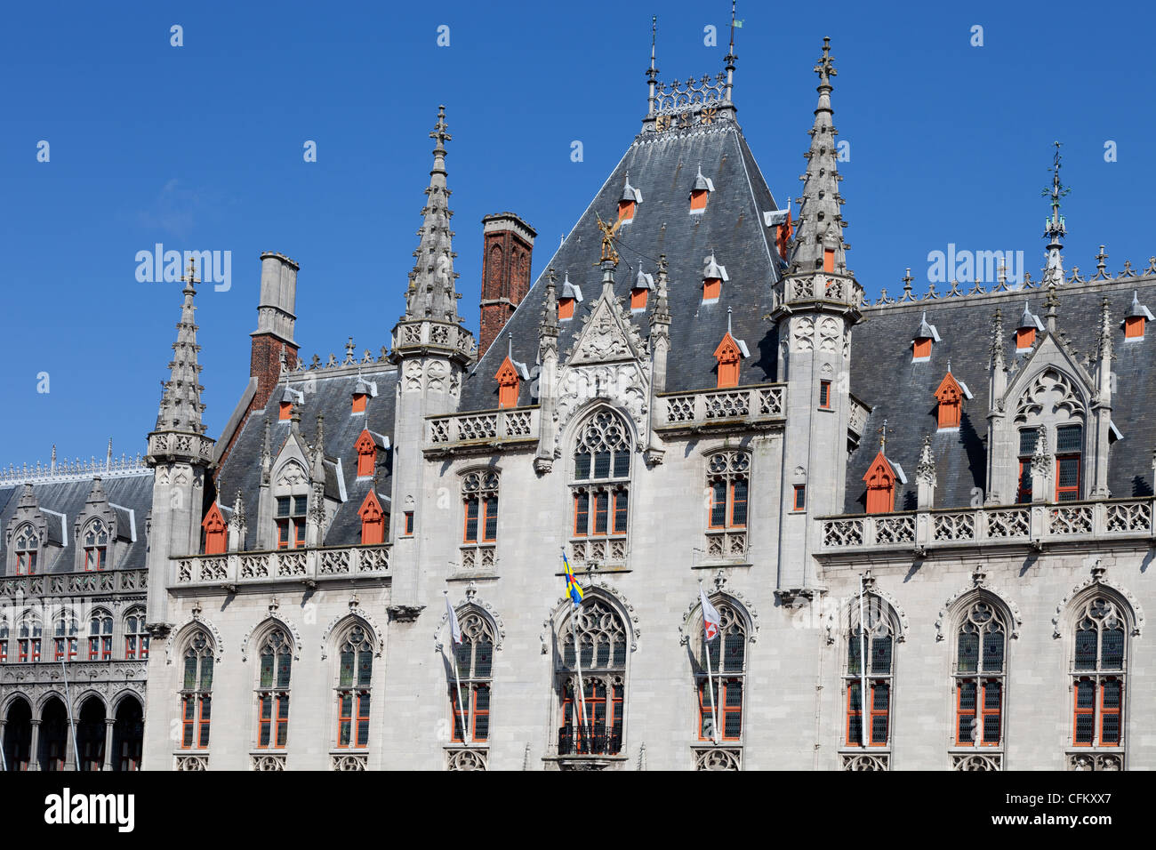 Neo Gothic style government buildings on the main square in Bruges ...