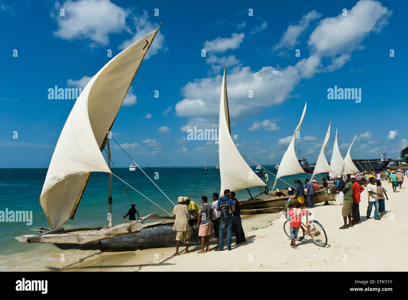 Fishermen prepare their "Ngalawa" the traditional double-outrigger ...