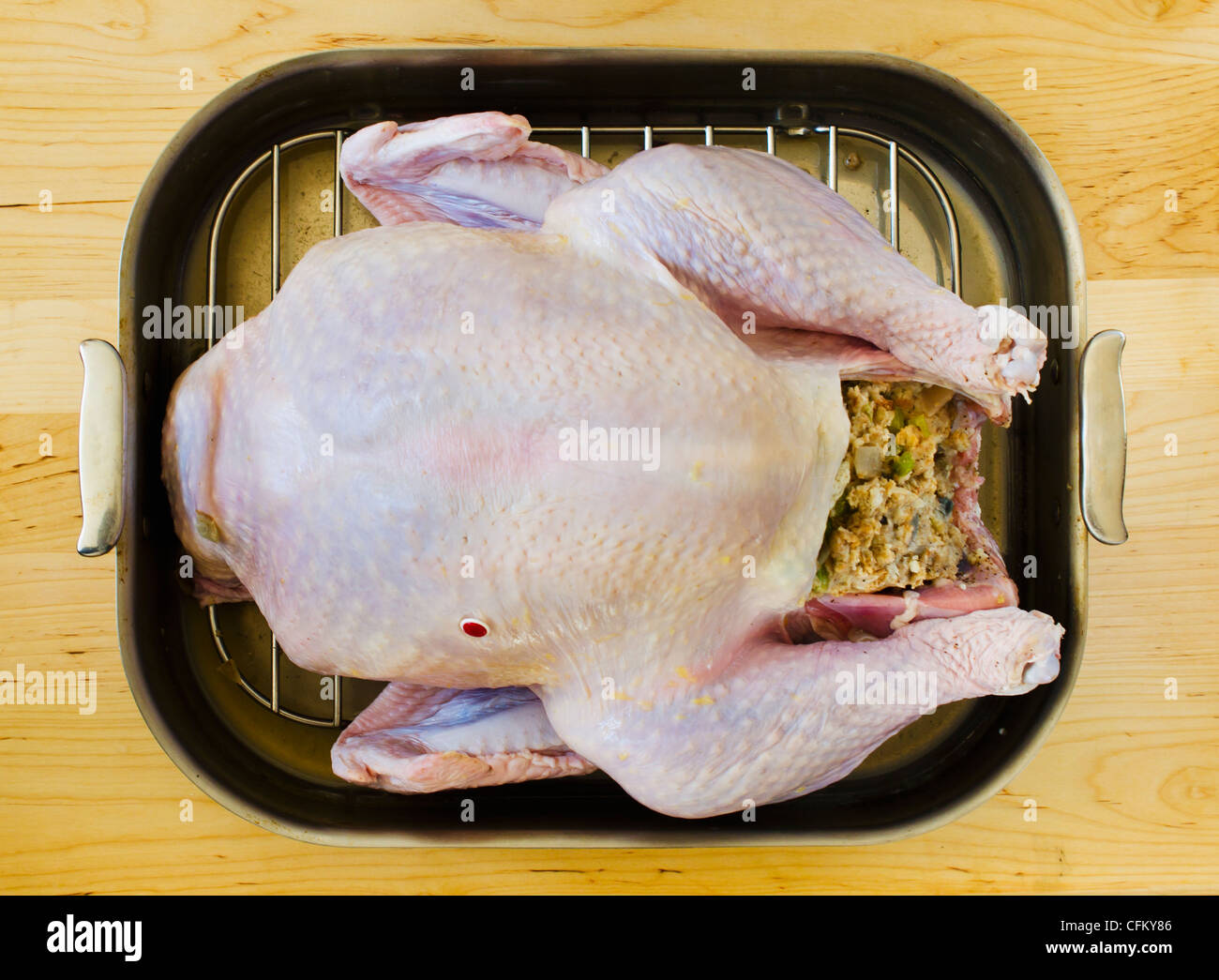 Raw turkey on roasting pan Stock Photo - Alamy