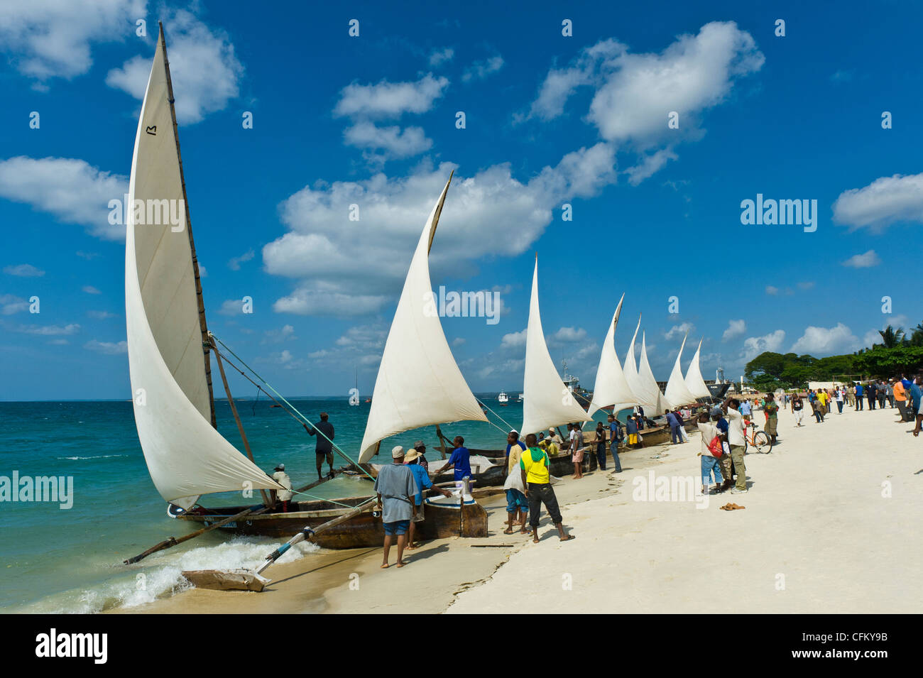 Fishermen prepare their "Ngalawa" the traditional double-outrigger ...