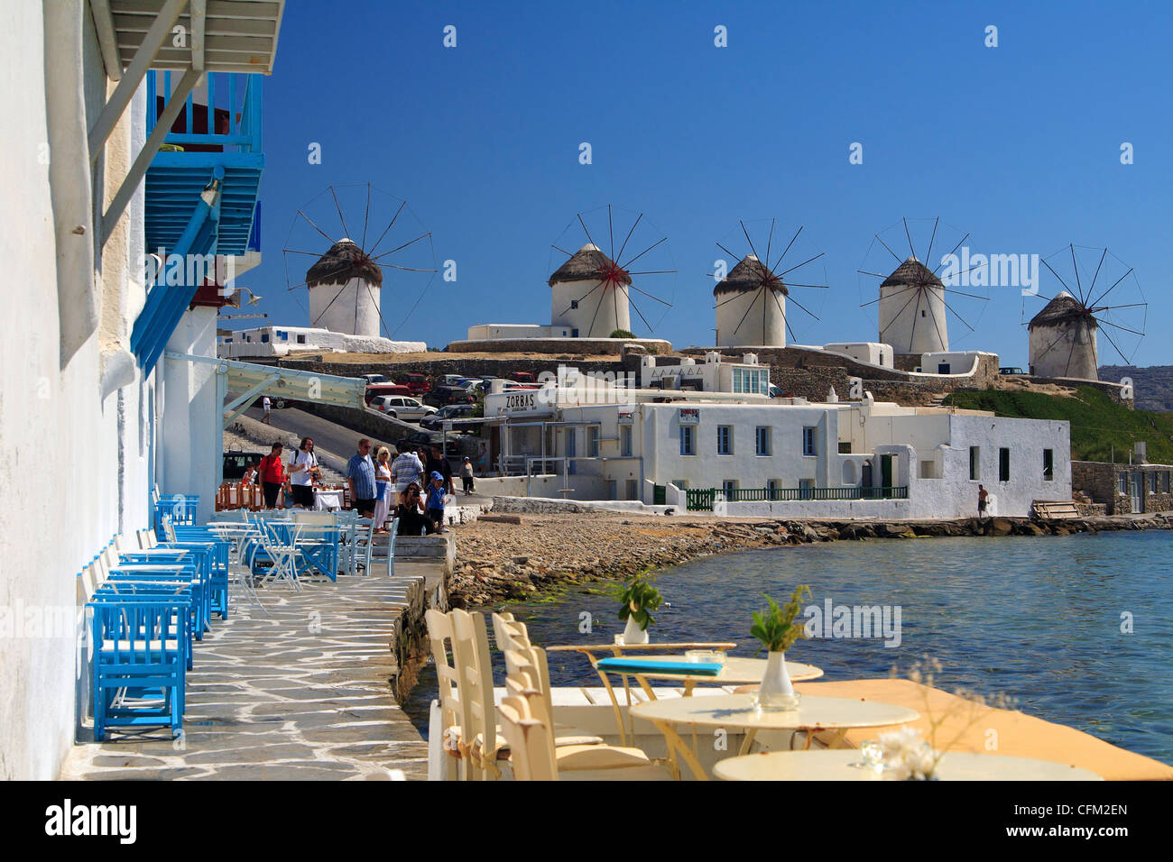 The famous windmills of Myconos island as seen from "Little Venice ...