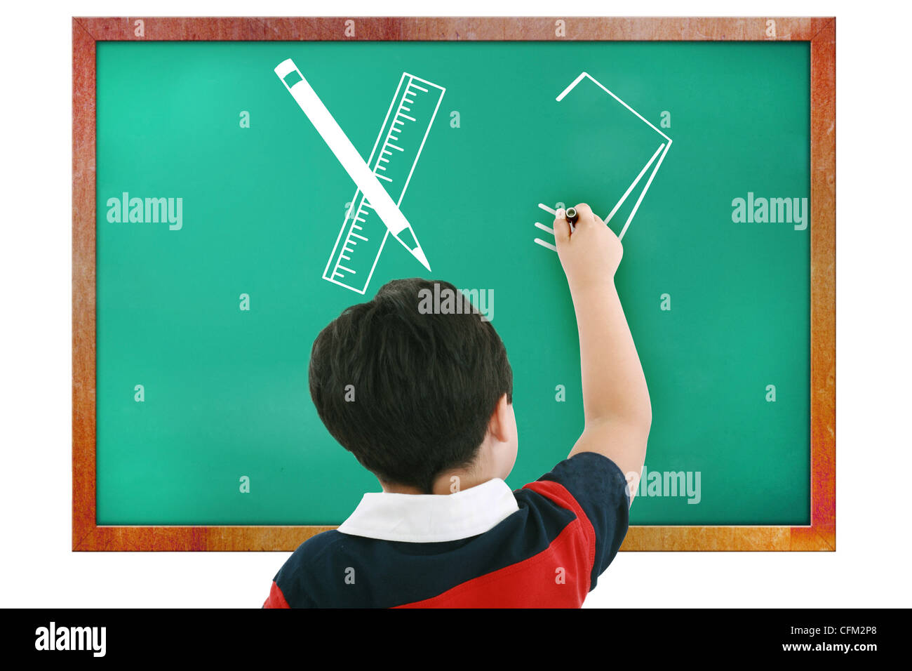 Boy in classroom thinking, writing and counting on board Stock Photo ...