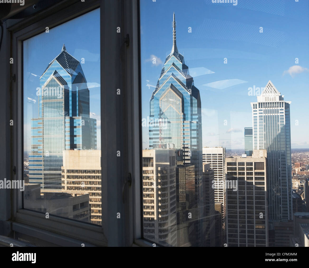 USA, Pennsylvania, Philadelphia, view through window on skyscrapers ...