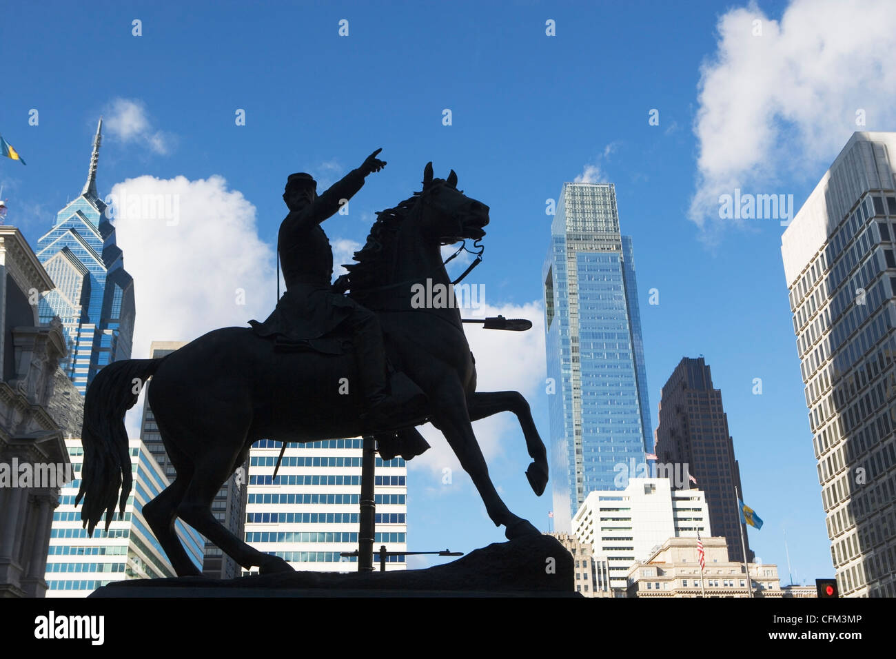 USA, Pennsylvania, Philadelphia, statue silhouette in front of ...