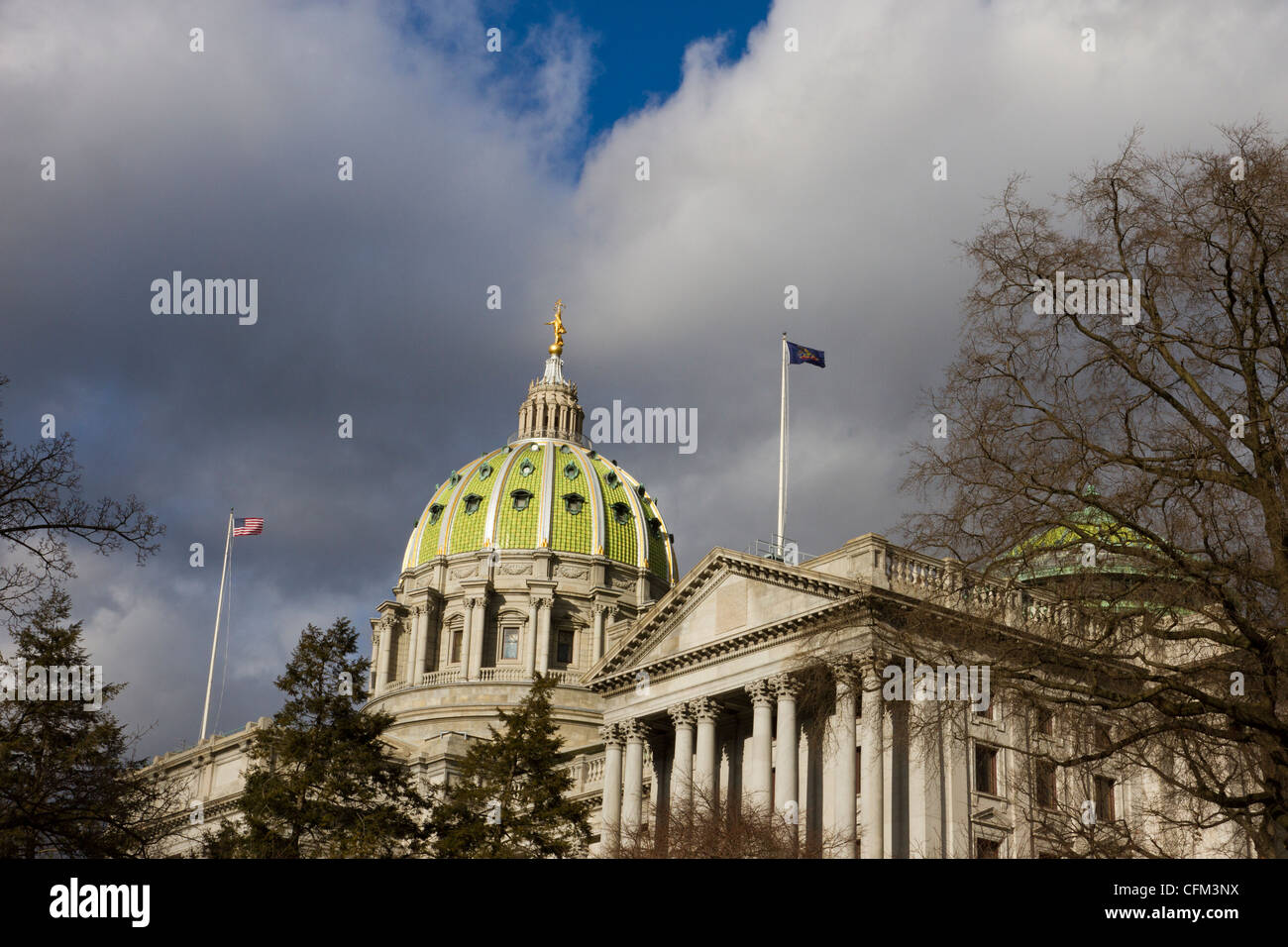 Green dome and front of Pennsylvania state capitol building or ...