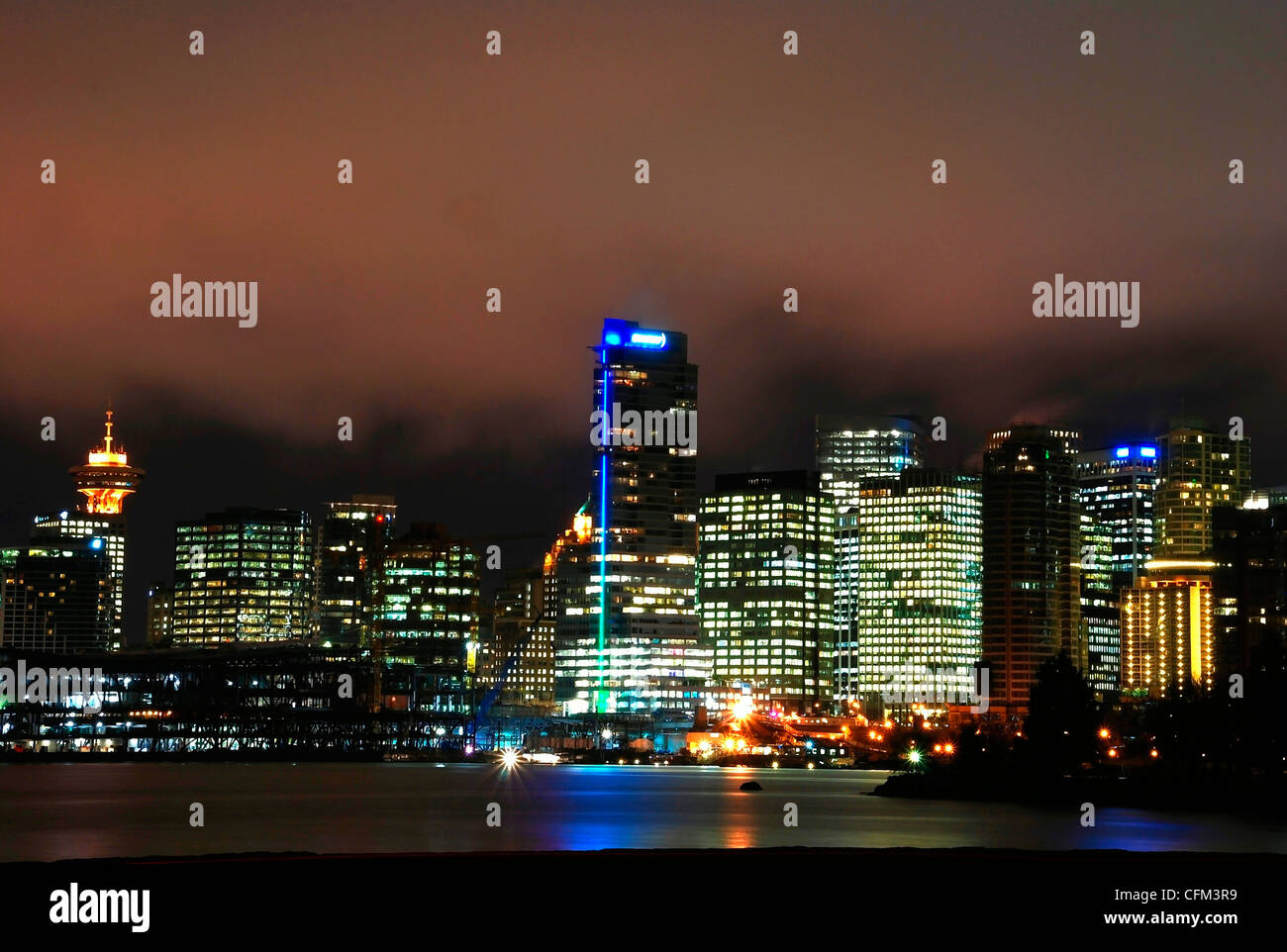 Night scene of downtown Vancouver, BC Canada. View from Stanley Park ...