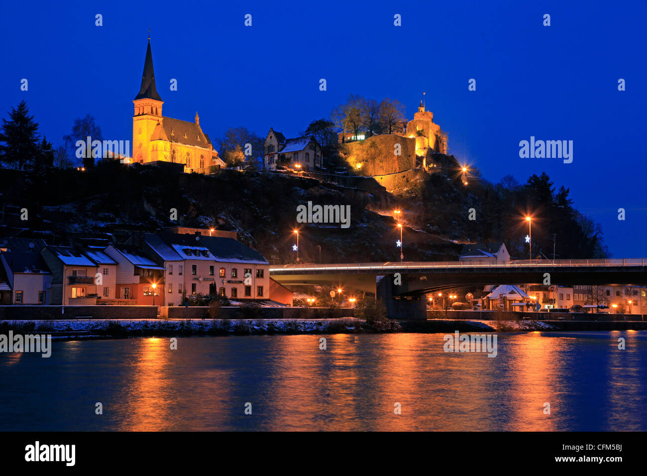 Od town with castle in winter, Saarburg, Saar Valley, Rhineland ...