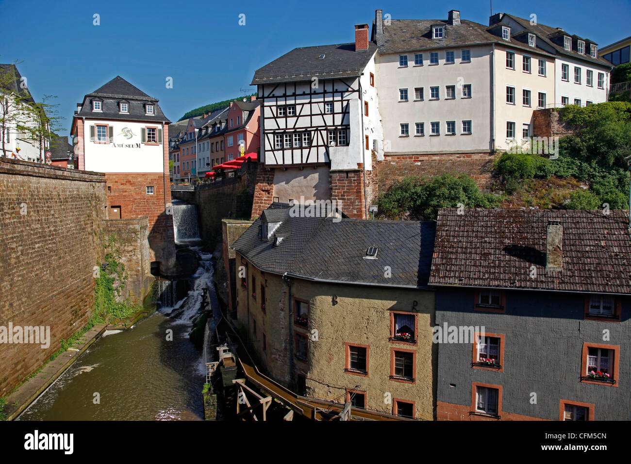 Waterfall on River Leuk in the old town of Saarburg, Saar Valley ...