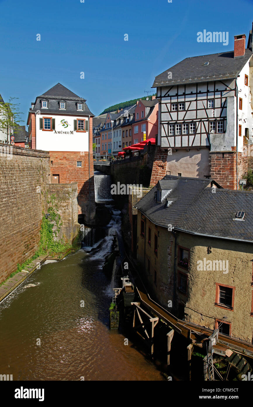 Waterfall on River Leuk in the old town of Saarburg, Saar Valley ...