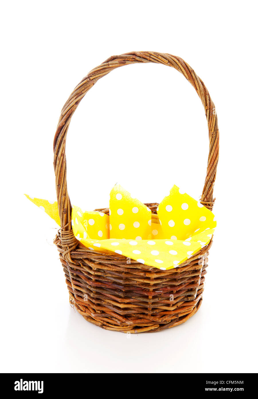 Empty cane basket with yellow napkin isolated on white background Stock ...
