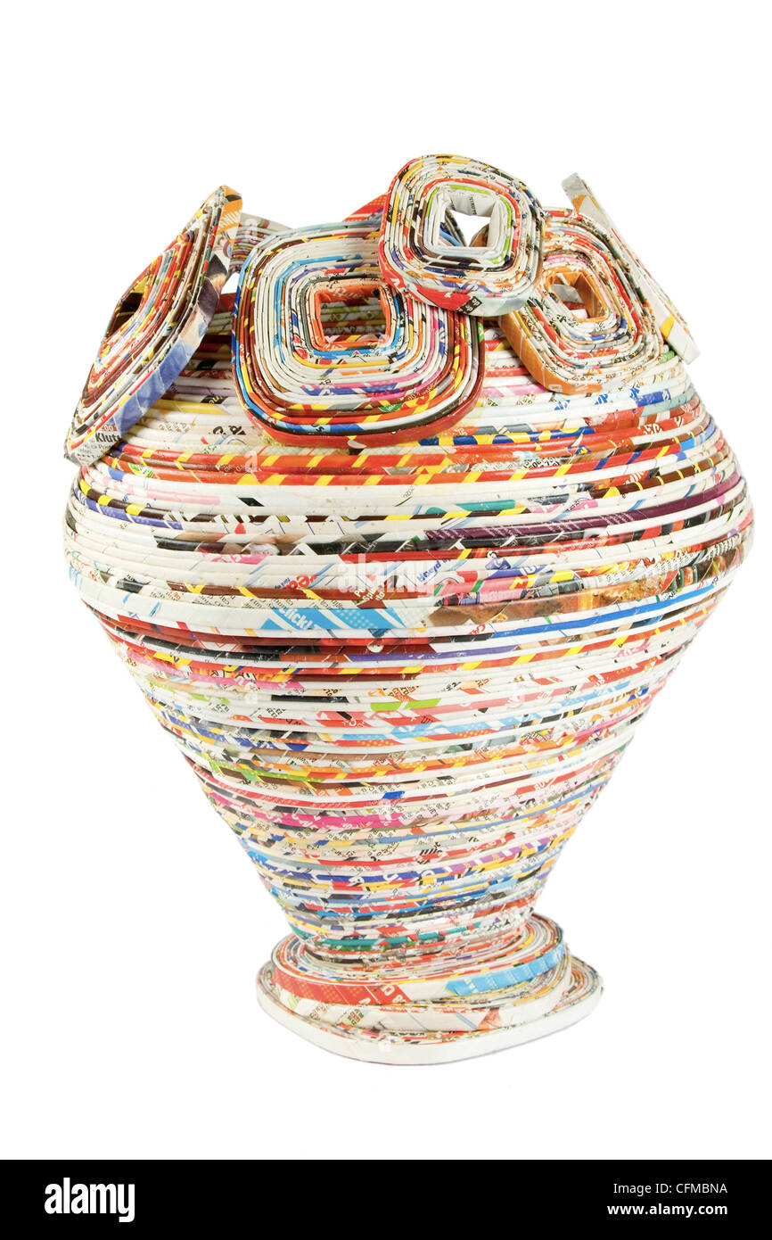 colored basket made from recycled paper on white background Stock Photo ...