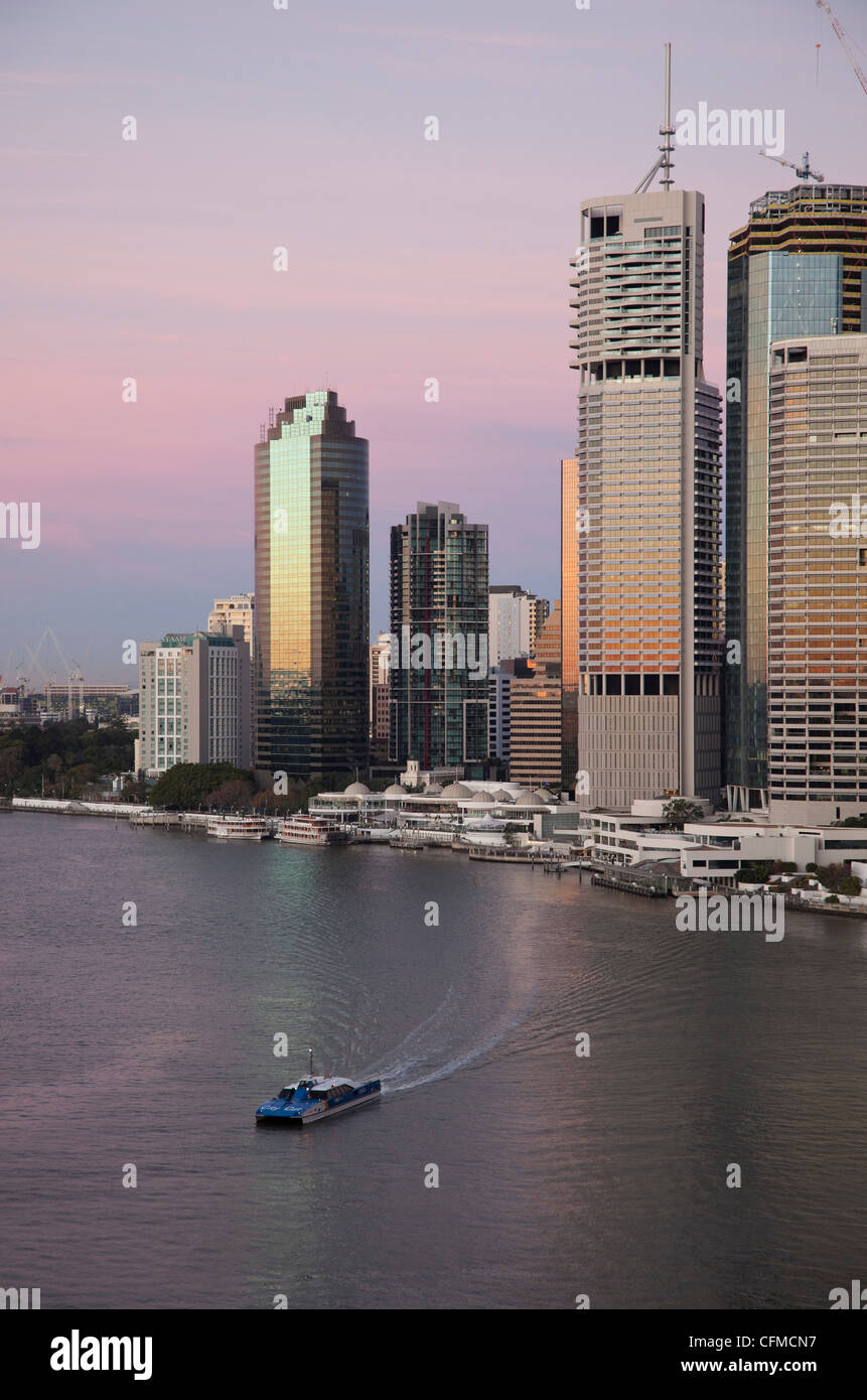 Catamaran ferry on Brisbane River and city centre, Brisbane, Queensland ...