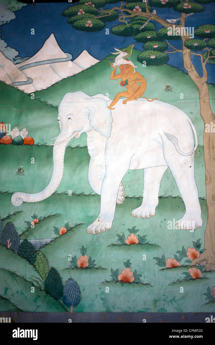 Painting of the Four Harmonious Friends in Buddhism, Trongsa, Bhutan ...