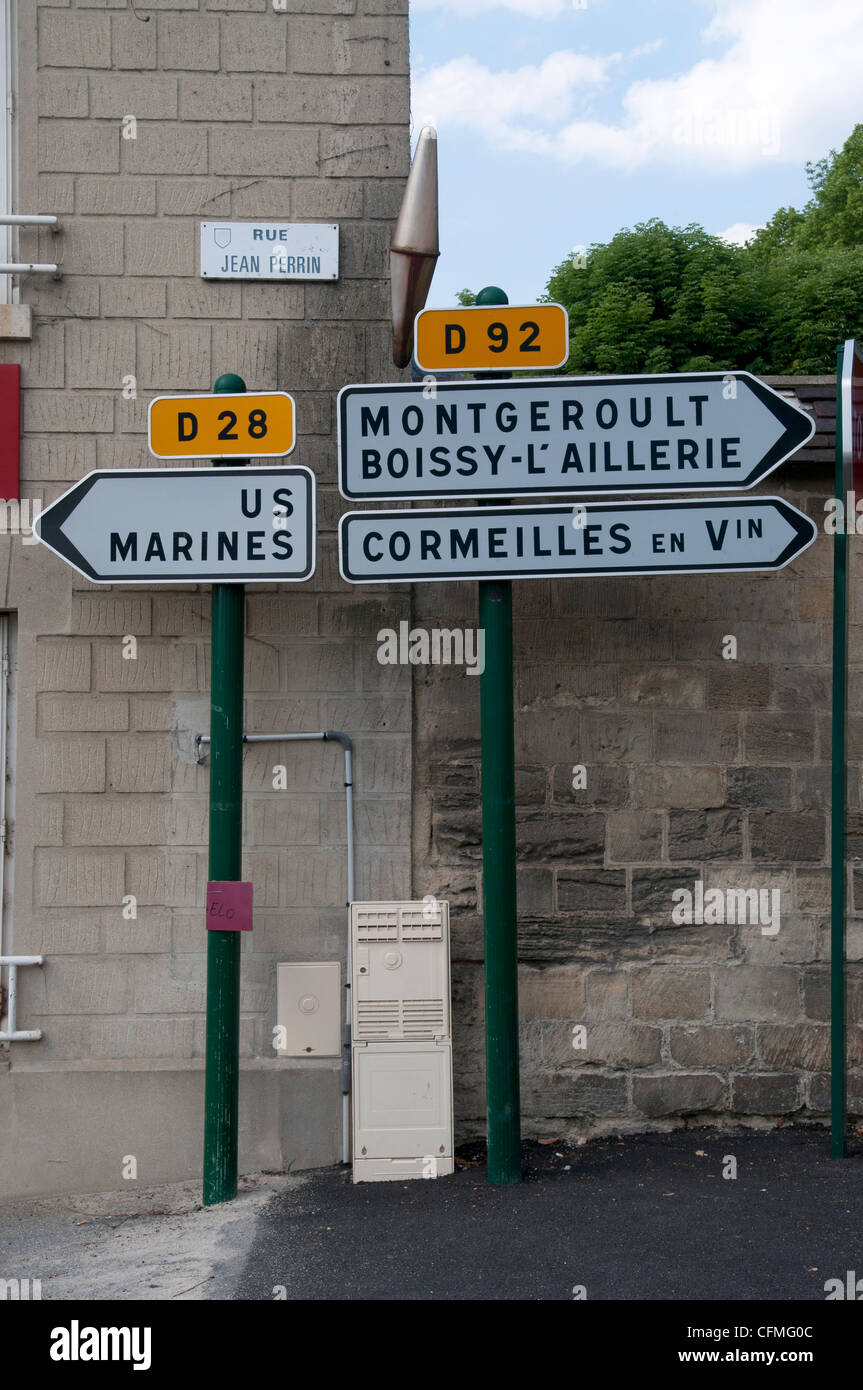 Road signs in the Val-d'oise department in France, one of which directs ...