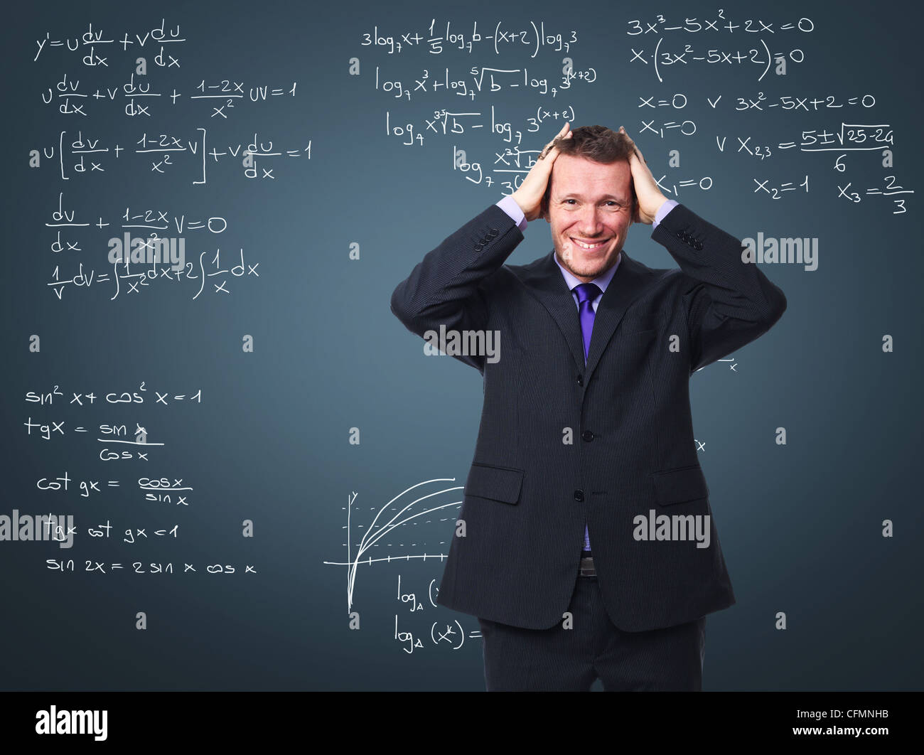 portrait of stressed man and blackboard background Stock Photo - Alamy
