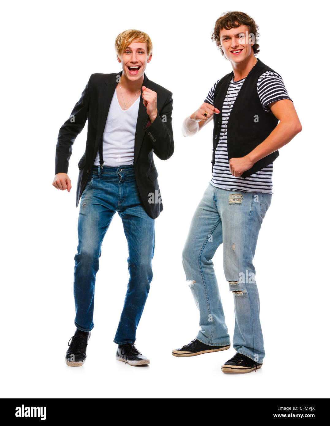 Two young men dancing on white background Stock Photo - Alamy