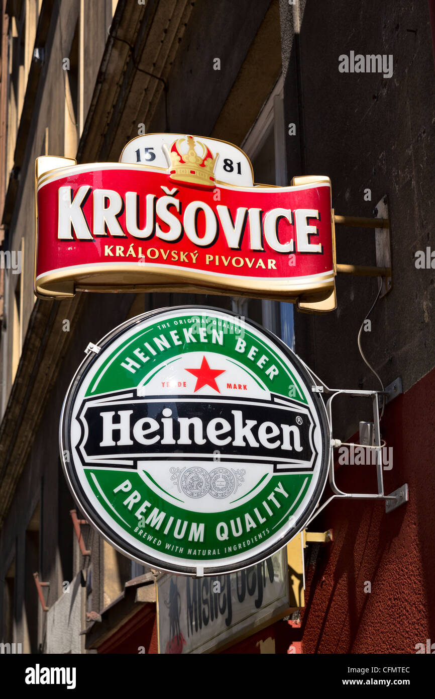 Beer signs outside a bar in Prague, Czech Republic Stock Photo - Alamy