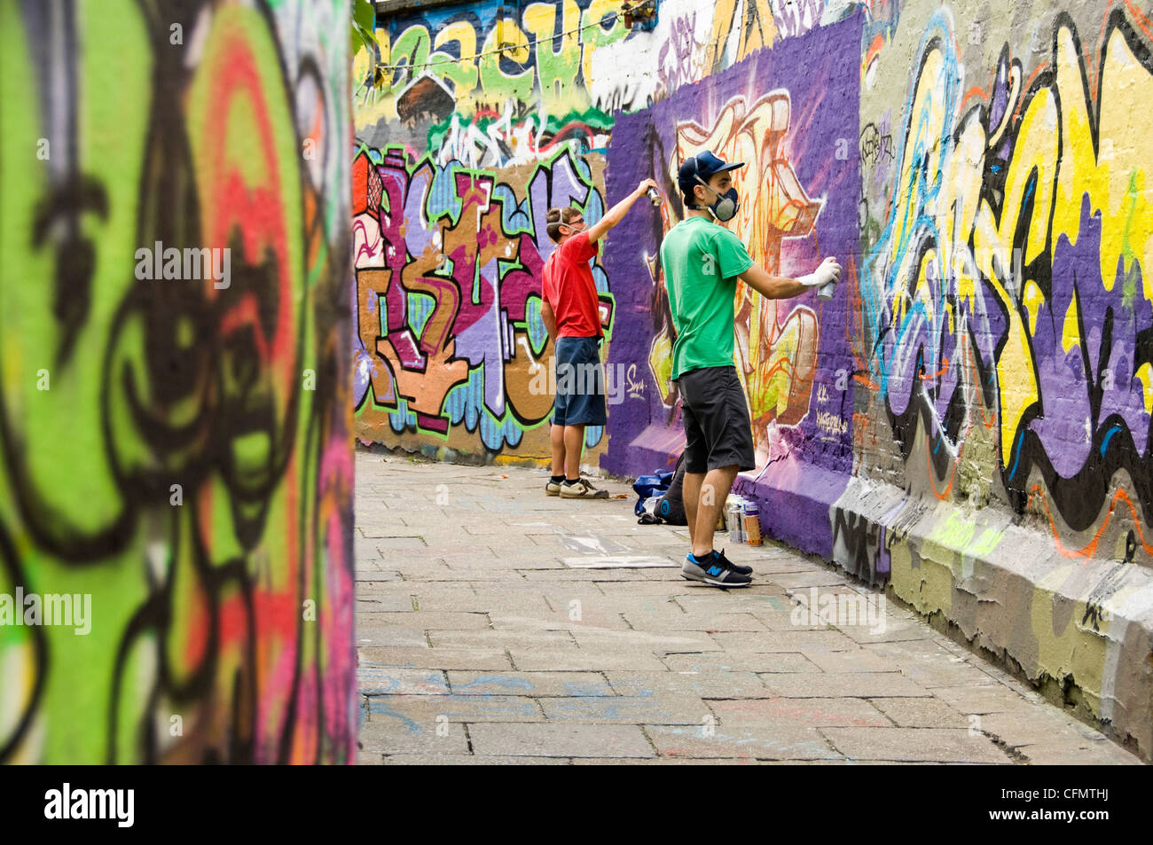 Horizontal view down 'Graffiti Alley' on Werregaran Straat in Ghent ...